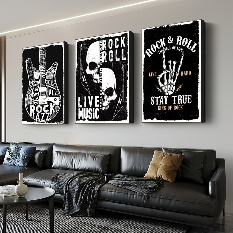 3pcs Rock Singer Canvas Art Prints - Skull & Guitar Wall Decor, Black ...