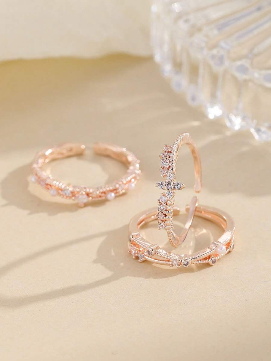 3pcs Rose Gold Faux Pearl & Rhinestone Cuff Ring Set For Women ...