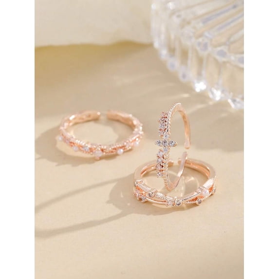 3pcs Rose Gold Faux Pearl & Rhinestone Cuff Ring Set For Women ...