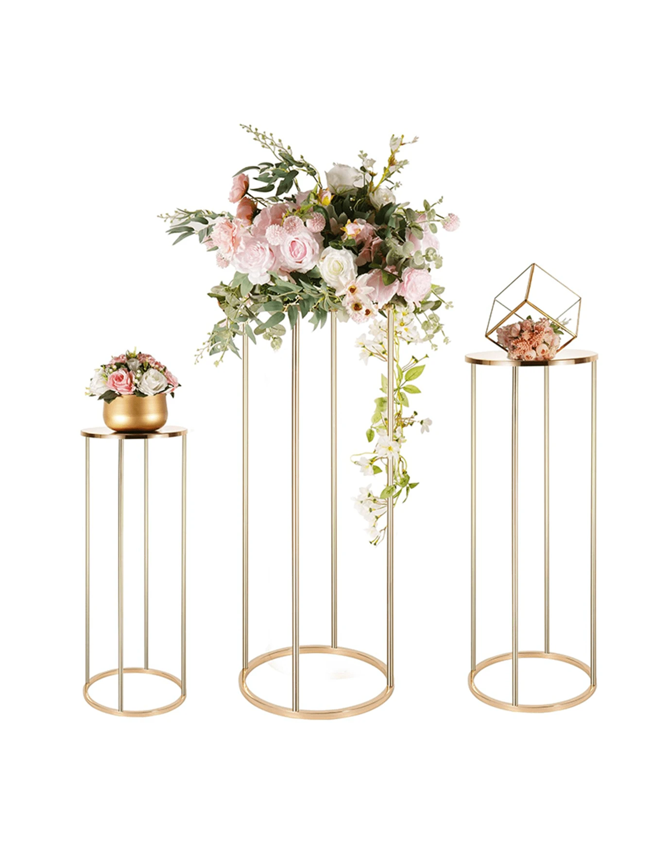 3pcs, Round Cylinder Stands For Party - Gold Cylinder Pedestal Stand ...