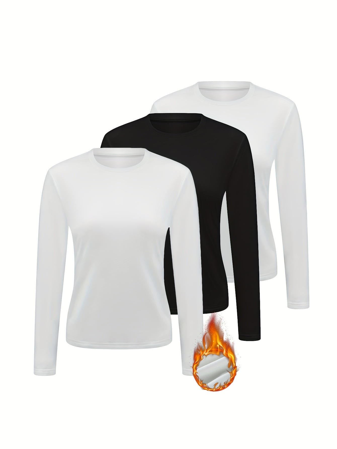 3pcs Round Neck Long Sleeve Bottoming Warm Cozy Base Layer Top, Solid ...