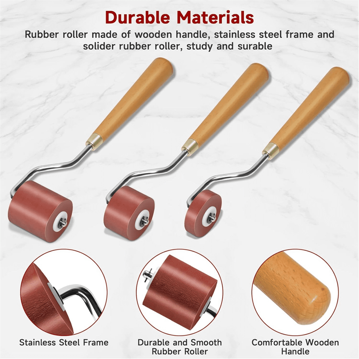 3pcs Rubber Rollers Rollers for Crafting, Ink Roller Set with Comfort Grip for Printmaking ...