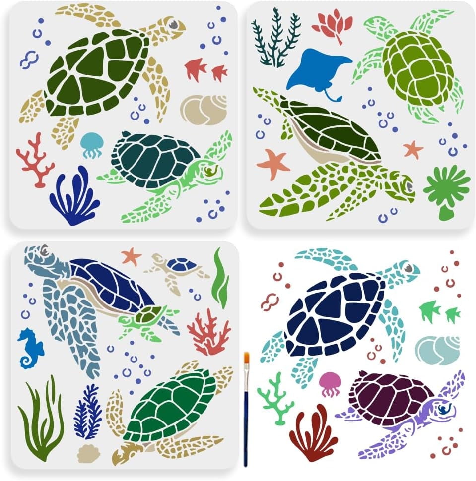 3pcs Sea Turtle Stencil 11.8×11.8inch Large Sea Creature Stencils with Paint Brush Reusable ...