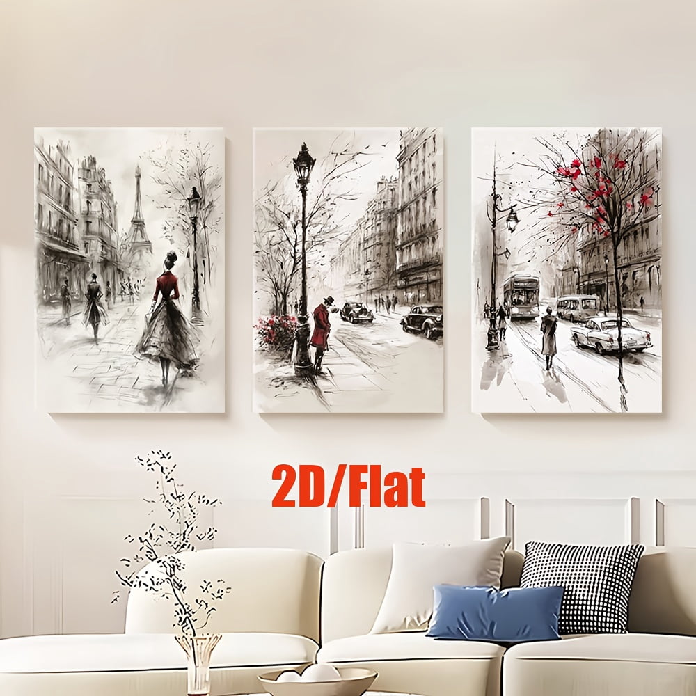 3pcs/Set, 2D/Flat Frameless Canvas Painting, Retro Art, City Streets ...