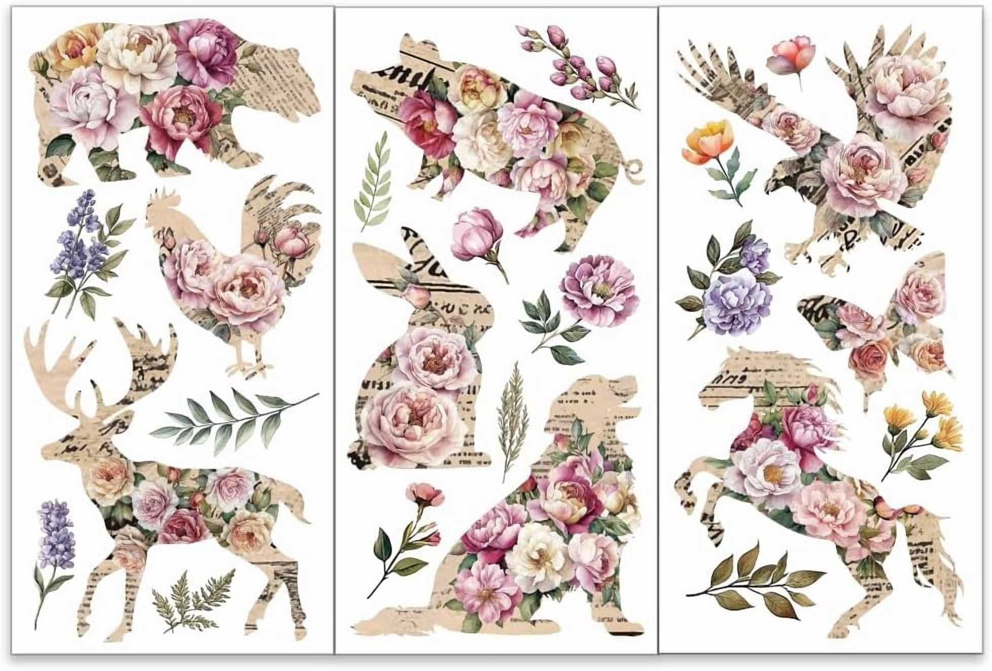 3pcs/Set Animal Flowers Rub on Transfers for Furniture and Crafts 6x12 ...