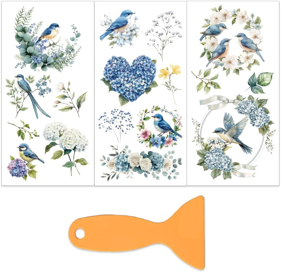 3pcs/Set Blue Bird with Hydrangea Rub on Transfers for Furniture and ...