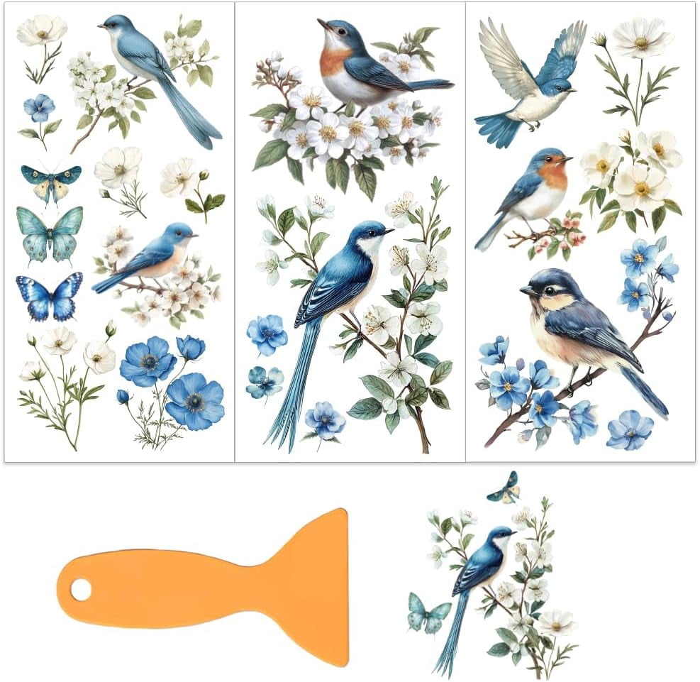 3pcs/Set Blue Birds Rub on Transfers for Crafts 6x12 Inch White Flower ...