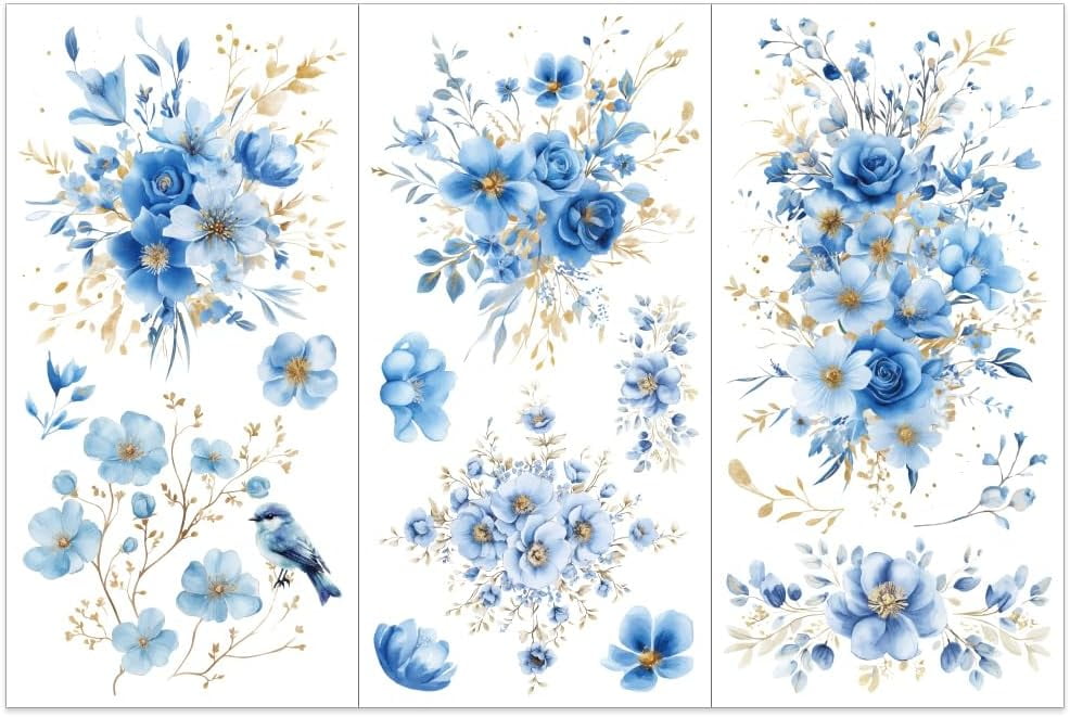 3pcs/Set Blue Gold Foil Flower Rub on Transfers for Furniture and ...