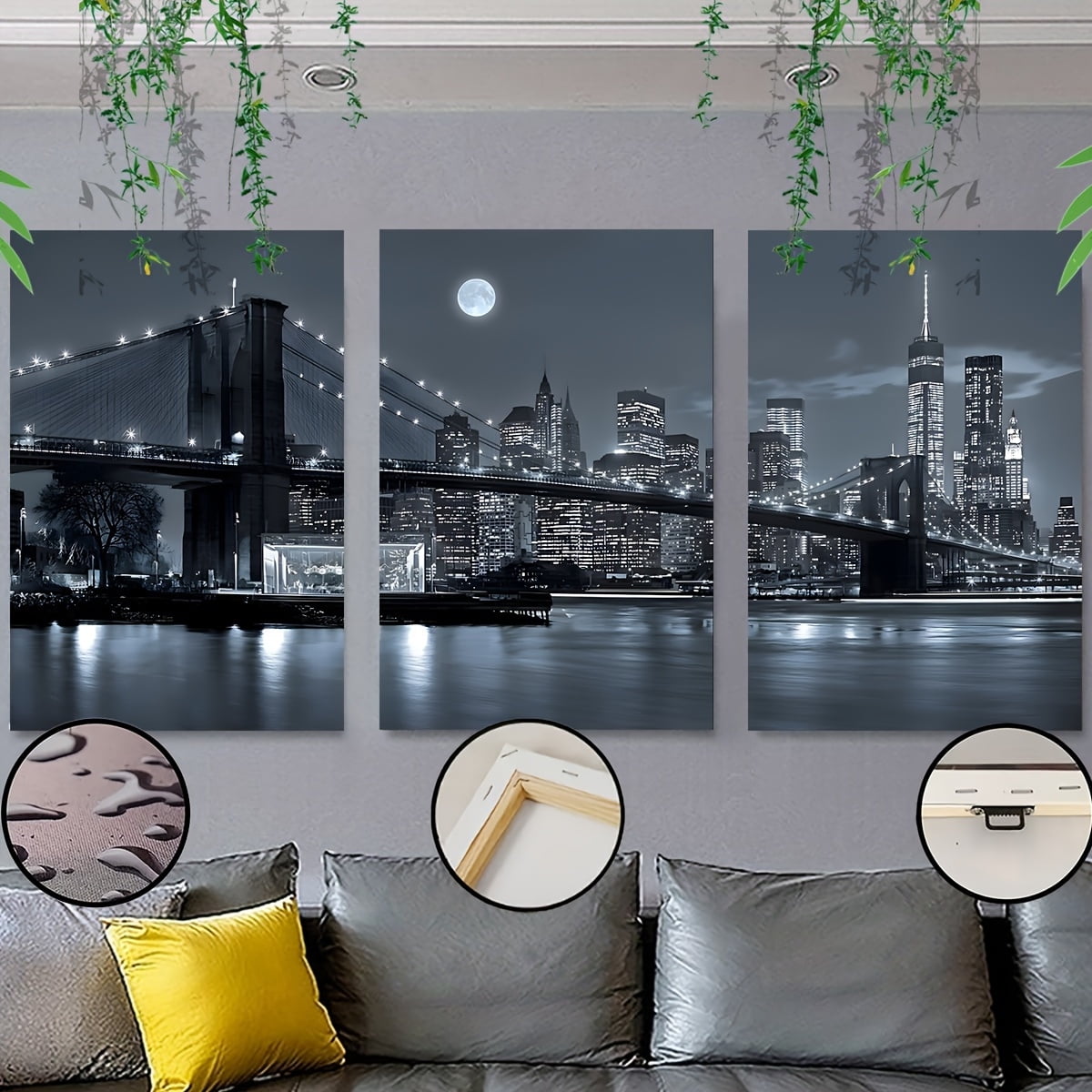 3pcs Set Can Directly Hang Bronx Bridge Night View Landscape Art Wall ...