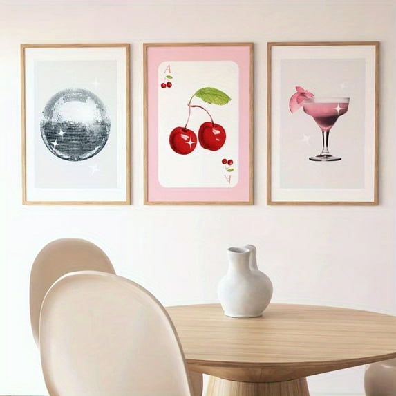 3pcs Set, Cherry & Cocktail Aesthetic Canvas Prints, Modern Frameless ...