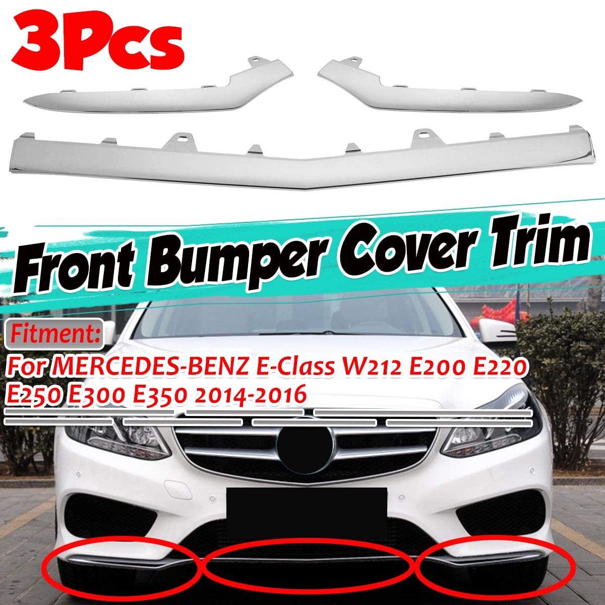 3pcs Set Front Bumper Lower Lip Grille Chrome Cover Trim for MERCEDES E ...