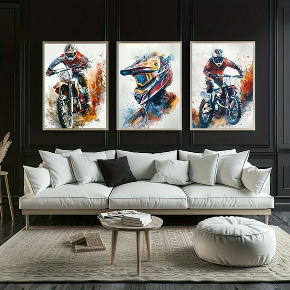 3pcs Set Modern Dirt Bike Canvas Wall Art, Frameless Ink Print Posters, Vibrant Motorcycle Triad ...