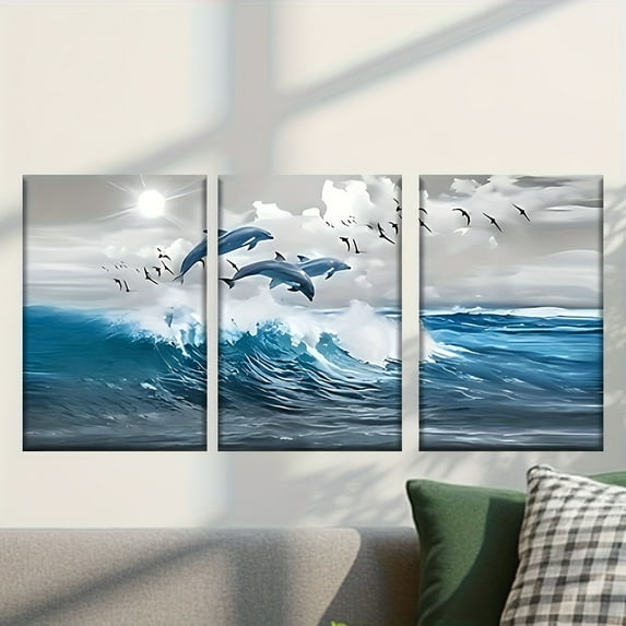 3pcs Set Modern Ocean Wave & Dolphin Canvas Wall Art - Blue & White ...