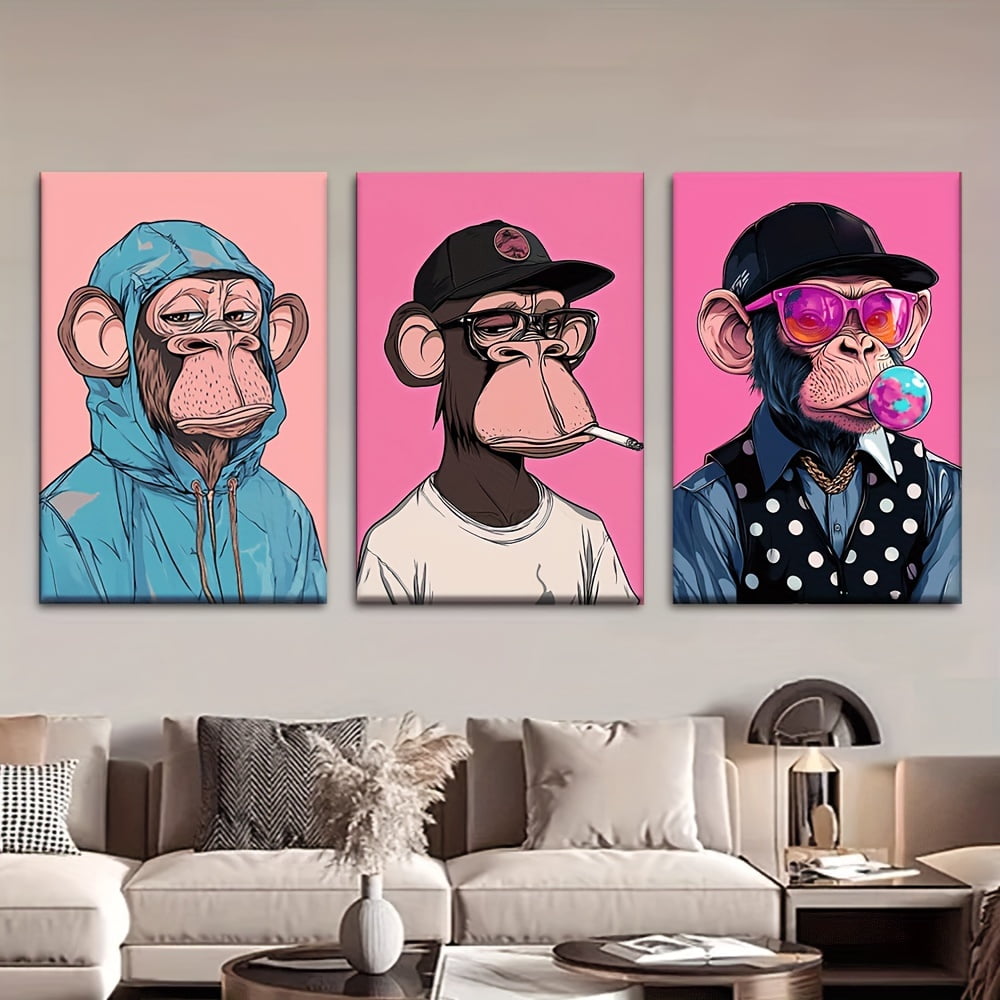 3pcs Set Modern Pop Art Monkey Wall Decor - Pink & Black Abstract ...