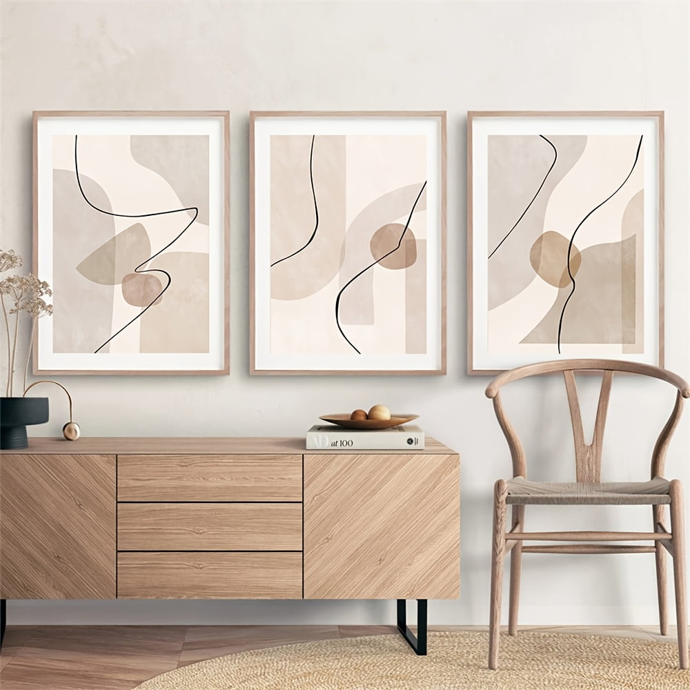 3pcs Set of Unframed Abstract Art Posters, Beige Geometric Canvas ...