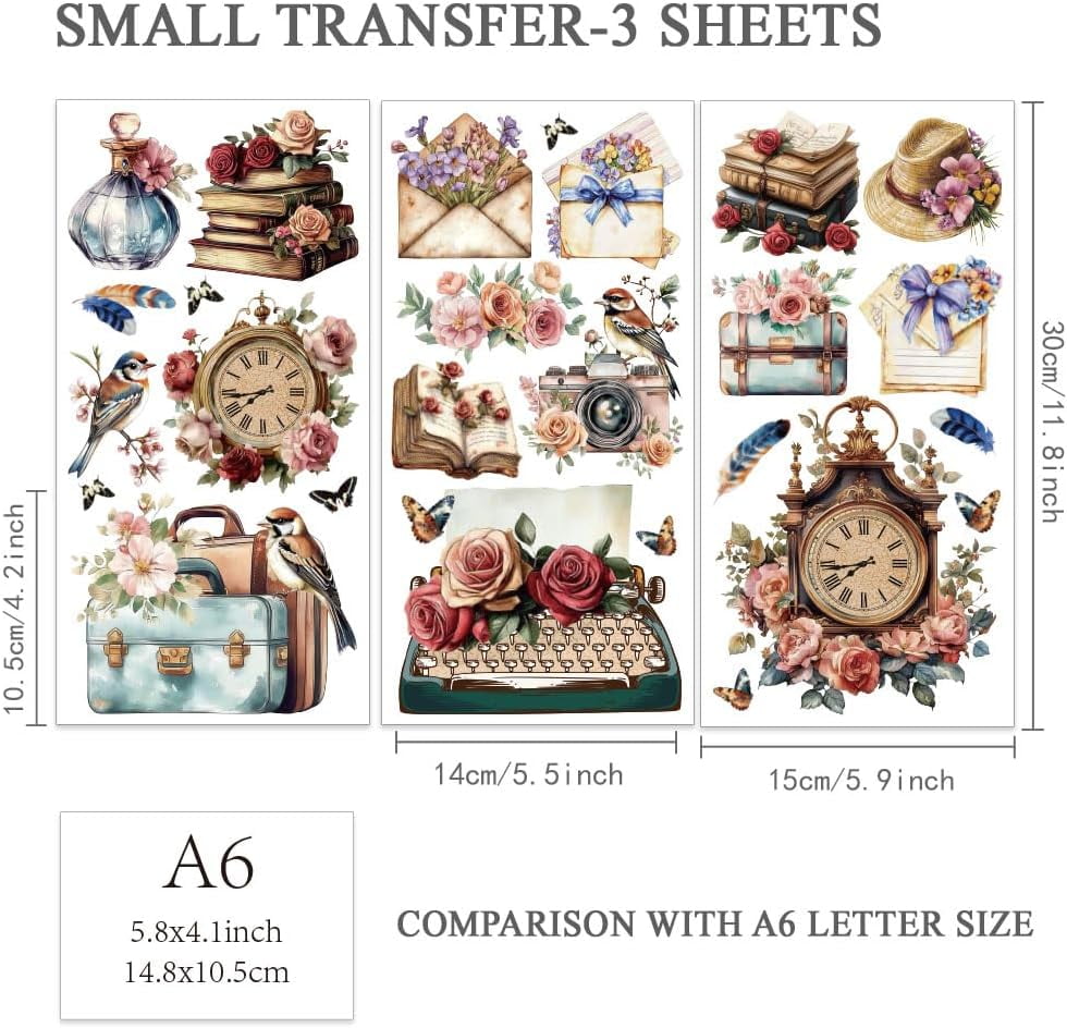 3pcs/Set Vintage Flowers Transfer Stickers 6x12 Inch Rub on Transfers ...