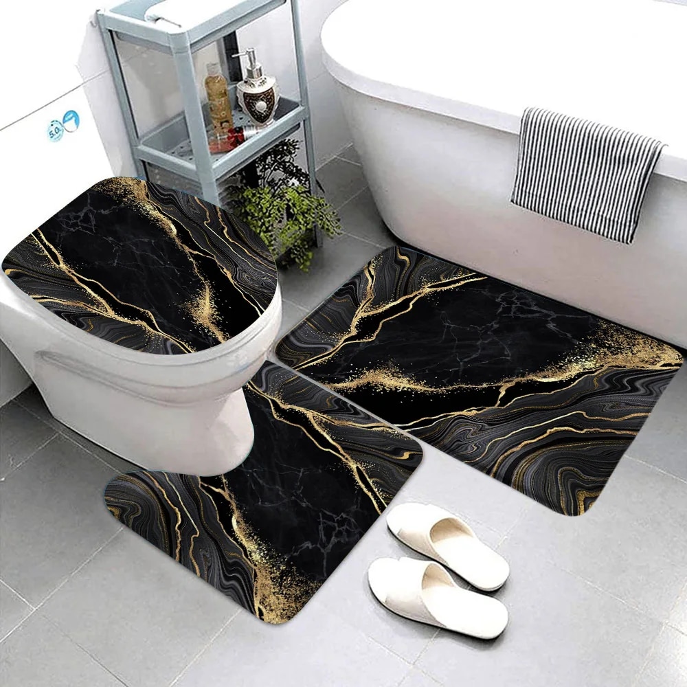 3pcs Sets Black Marble Bath Mats Gold Grey Lines Creative Abstract ...