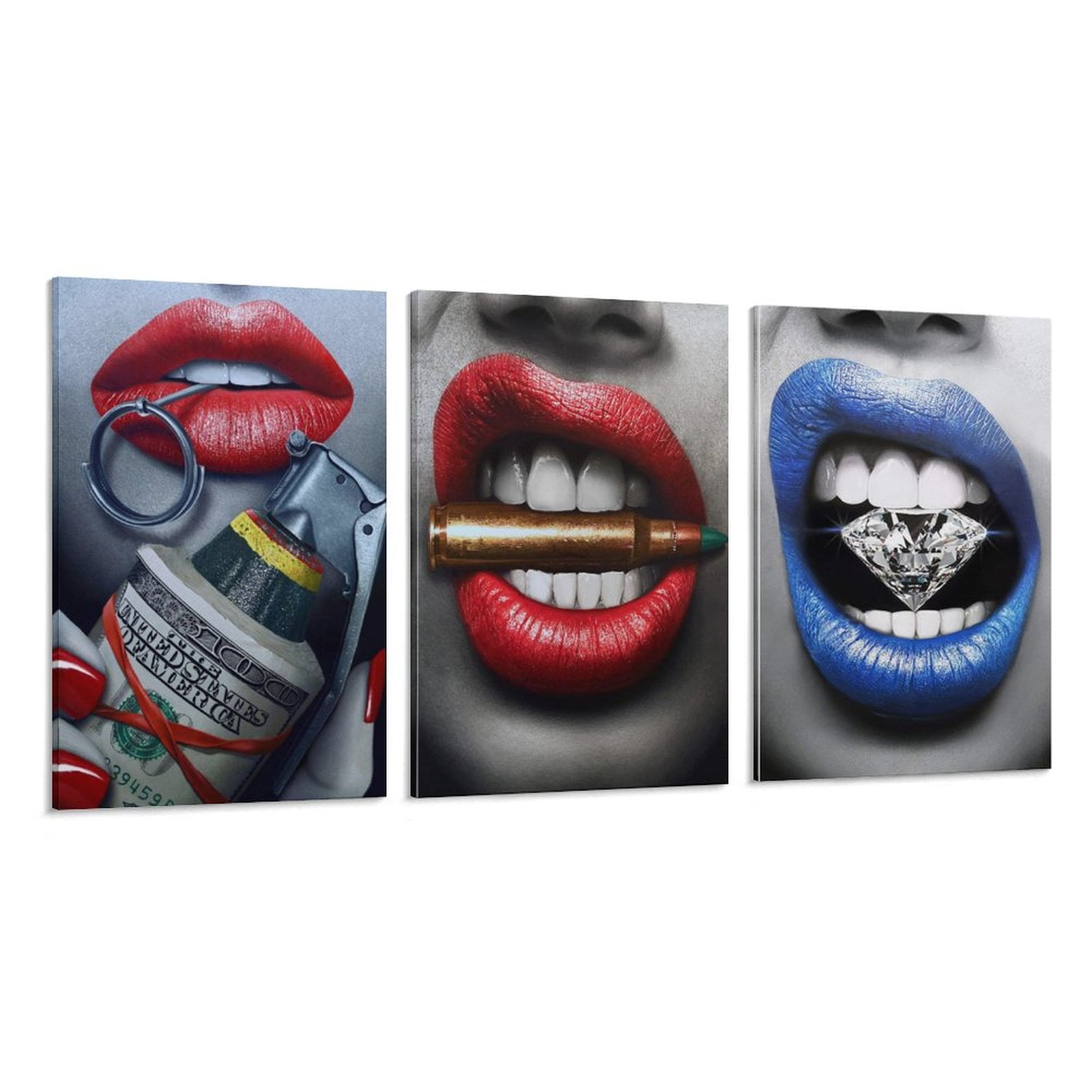 3pcs Sexy Blue Red Lips Diamond Money to Blow Bullet Canvas Wall Art ...