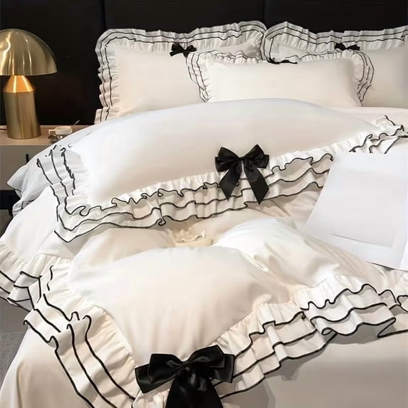 3pcs Solid Color Brushed Multi-Layered Ruffle Bow Bedding Set - Soft ...