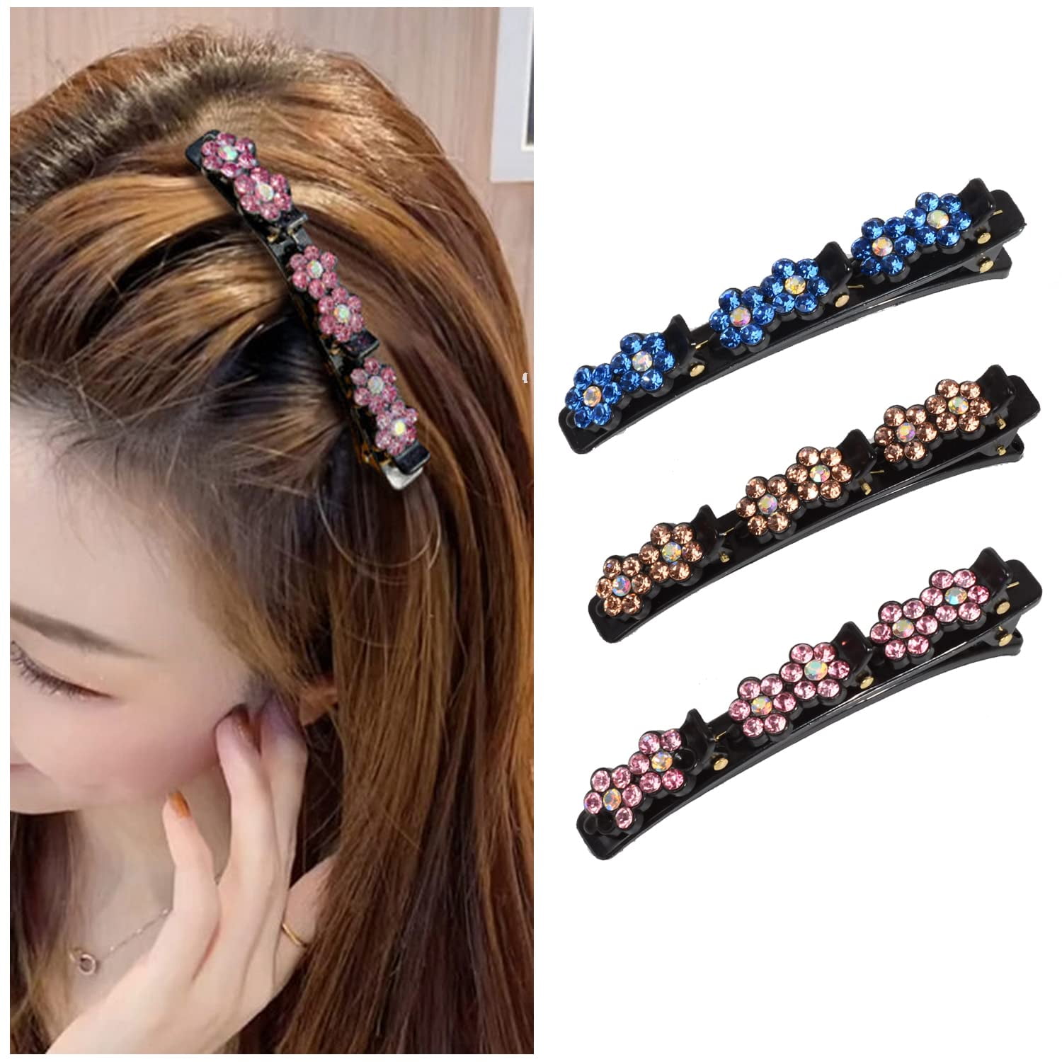 3pcs Sparkling Crystal Stone Braided Hair Clips - Rhinestone Flower ...