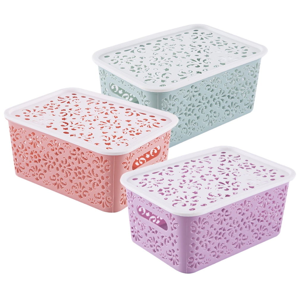 3pcs Stackable Plastic Containers Hollow Pattern Sundries Books Storage ...