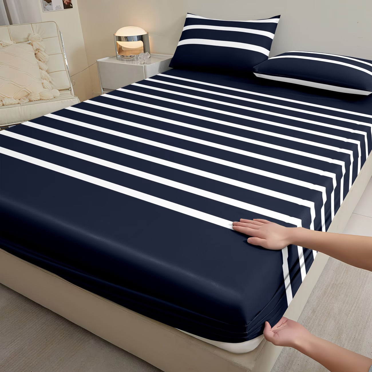 3pcs Striped Printed Bedding Set - Soft & Comfortable Fitted Sheet with ...