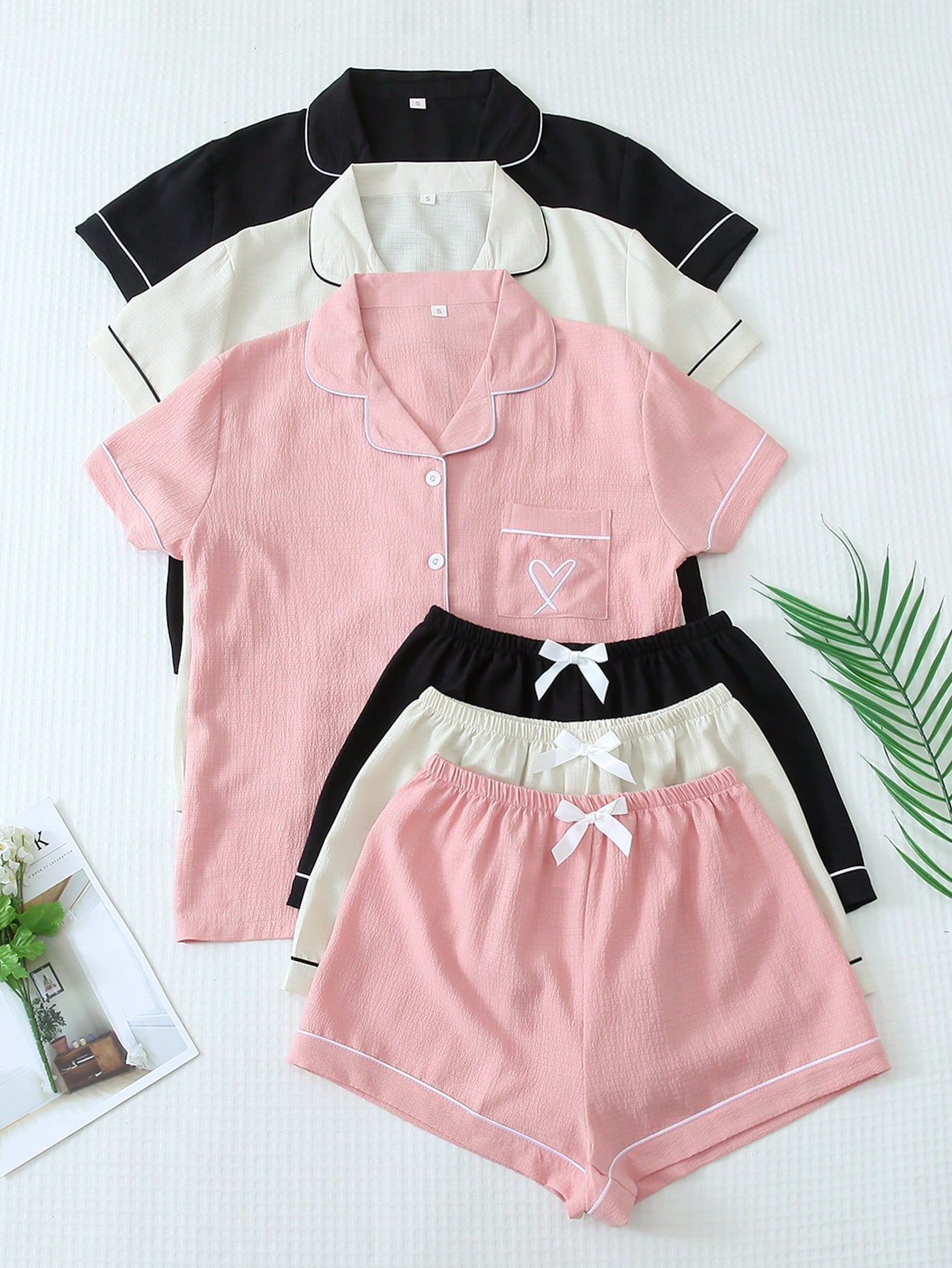 3pcs Summer Piping Contrast Color Collar Pocket Heart Embroidered Short-Sleeved Button-Up Top ...