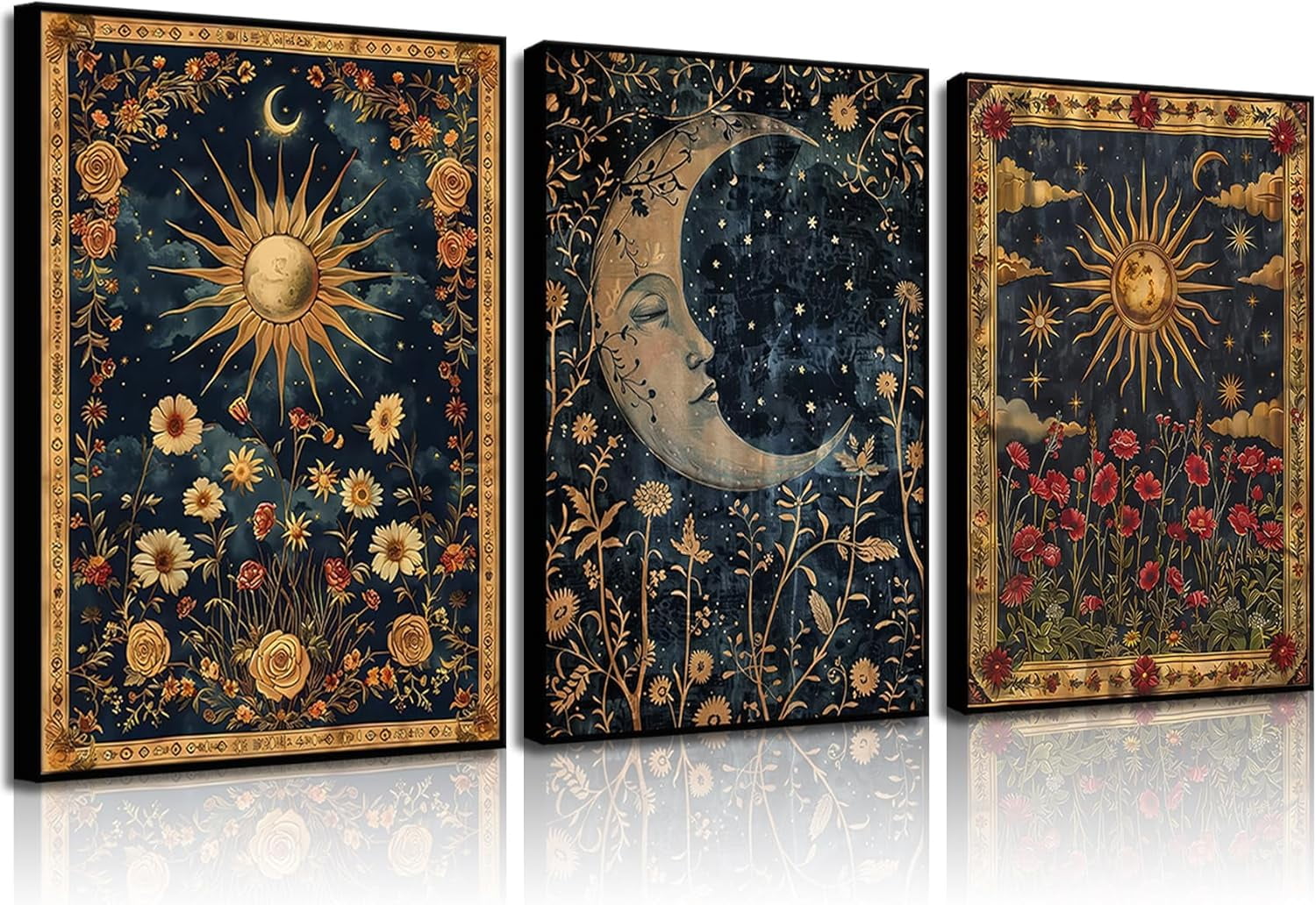 3pcs Sun and Moon Celestial Canvas Wall Art Tarot Crescent Moon Picture Wall Decor Gothic ...
