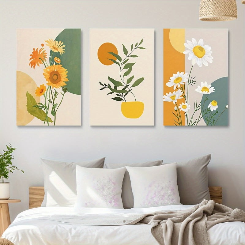 3pcs Sunflower Canvas Wall Art Set, Frameless Bohemian Floral Prints ...