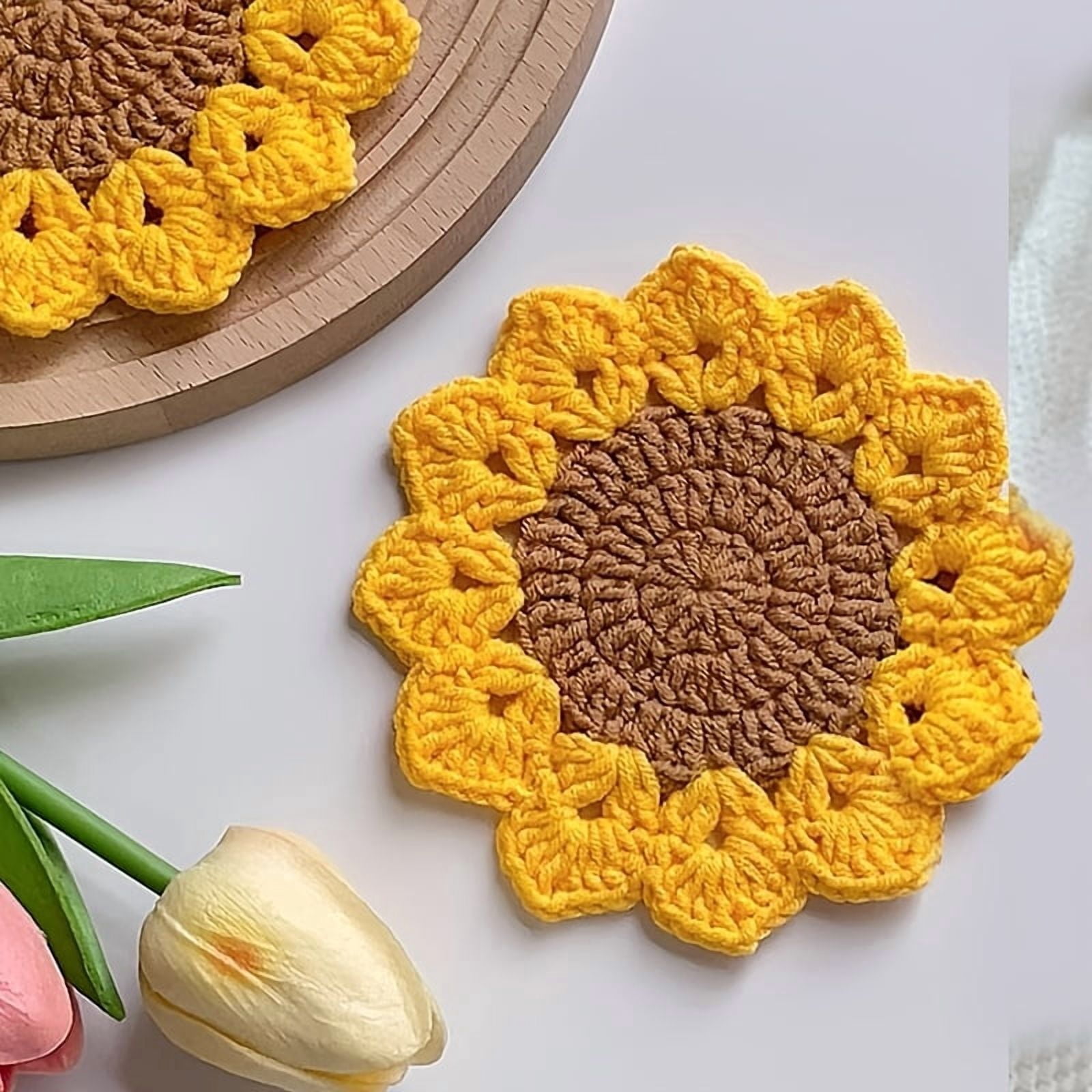 3pcs Sunflower Yarn Coasters, Handmade Woven Flower Table Coasters for ...
