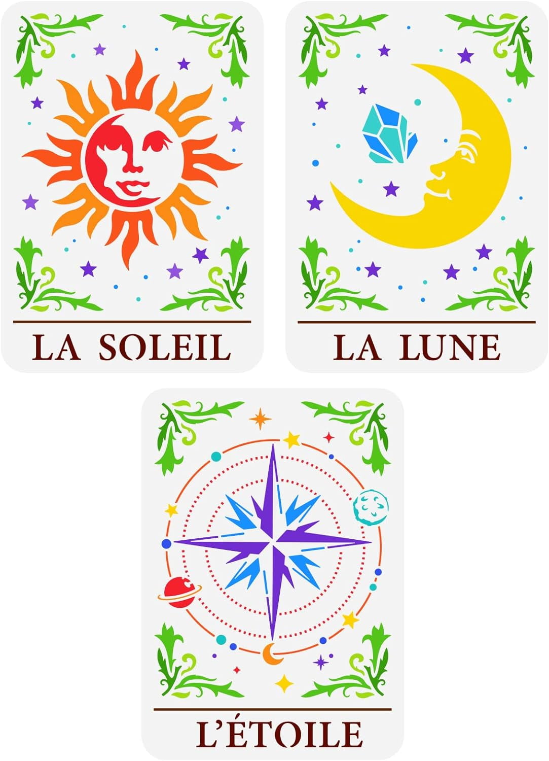 3pcs Tarot Theme Painting Stencil 8.3x11.7inch Reusable Sun Moon Star ...