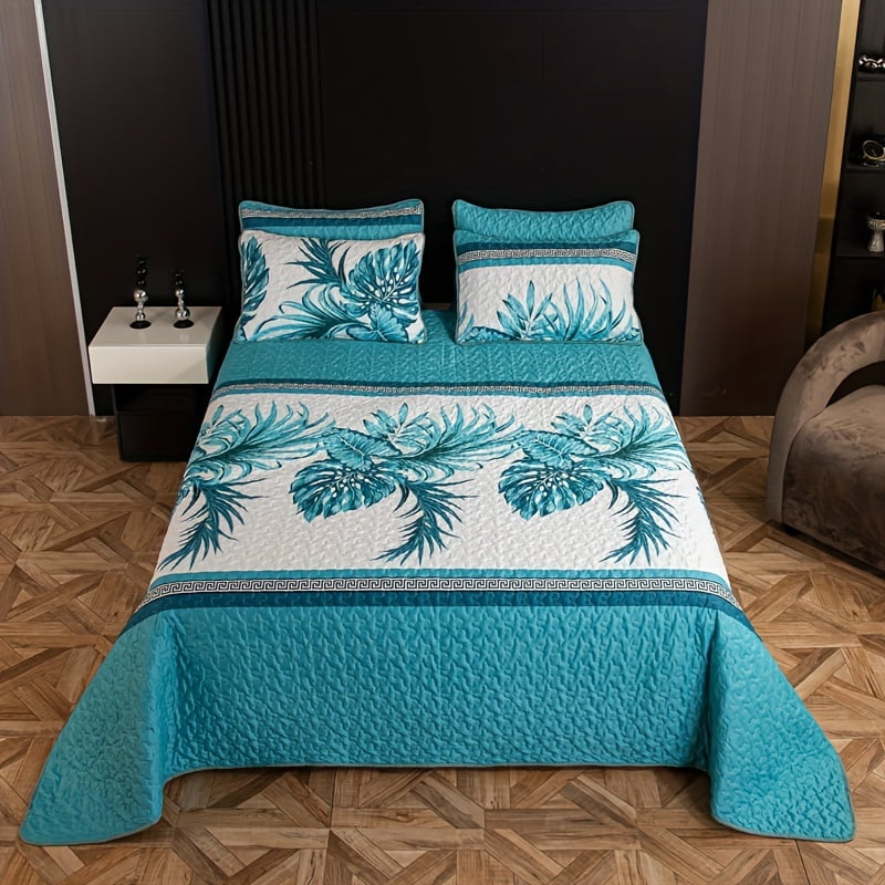3pcs Tropical Palm Print Reversible Bedspread Set With 2 Pillowcases ...