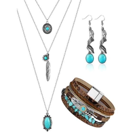 3pcs Turquoise Jewelry Set, Women Choker Necklace Large Retro Earrings ...