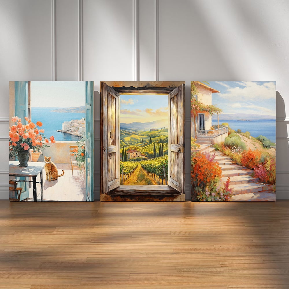 3pcs Tuscany Window View Print - Rustic Farmhouse Italian Countryside ...