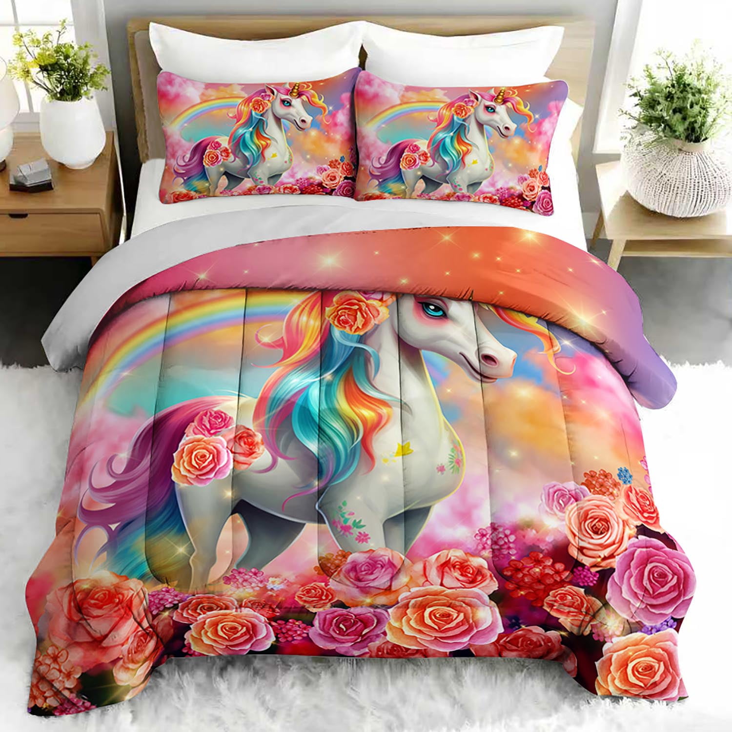 3pcs Unicorn Rose Comforter Set, Enchanted Bedding Set for Bedroom or ...