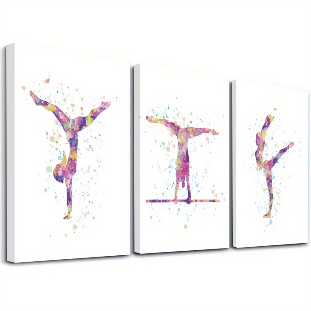 3pcs Vibrant Splash & Silhouette Gymnastics Canvas Wall Art Set ...