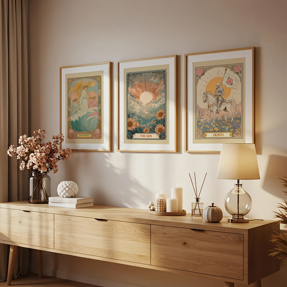 3pcs Vintage Bohemian Tarot Card Canvas Poster Set - The Sun, Judgement ...