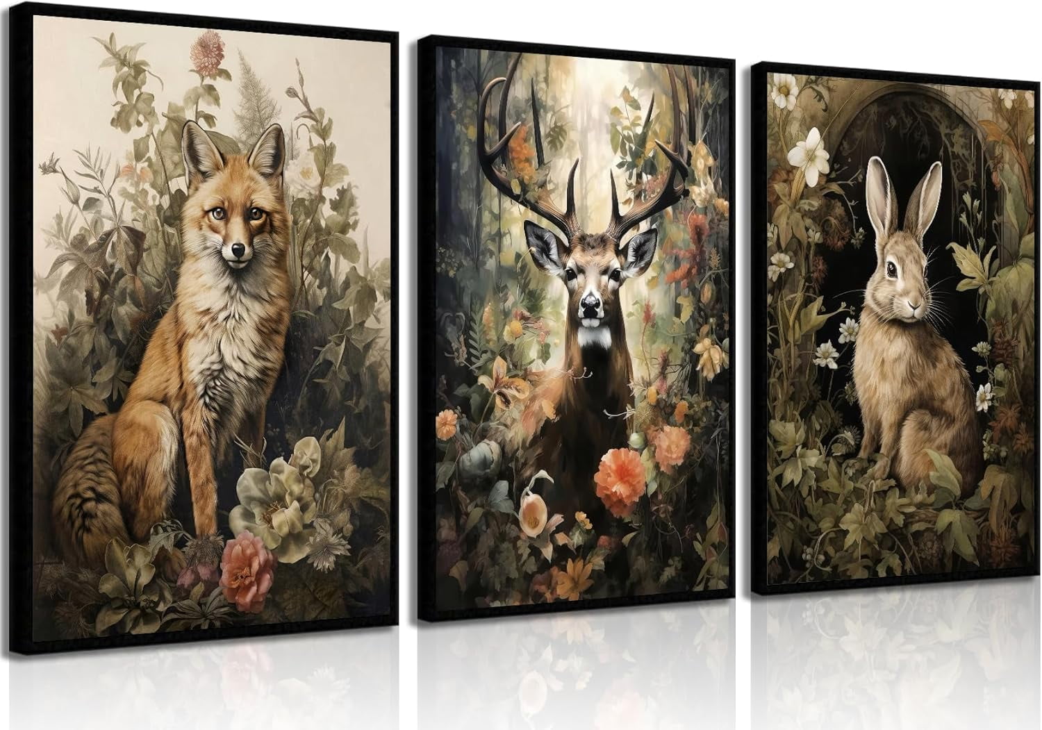3pcs Vintage Forest Animal Canvas Wall Art Wild Animal Deer Rabbit Fox ...