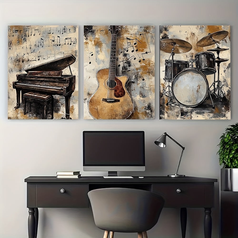 3pcs Vintage Musical Instruments Canvas Wall Art Set - Rustic Guitar ...