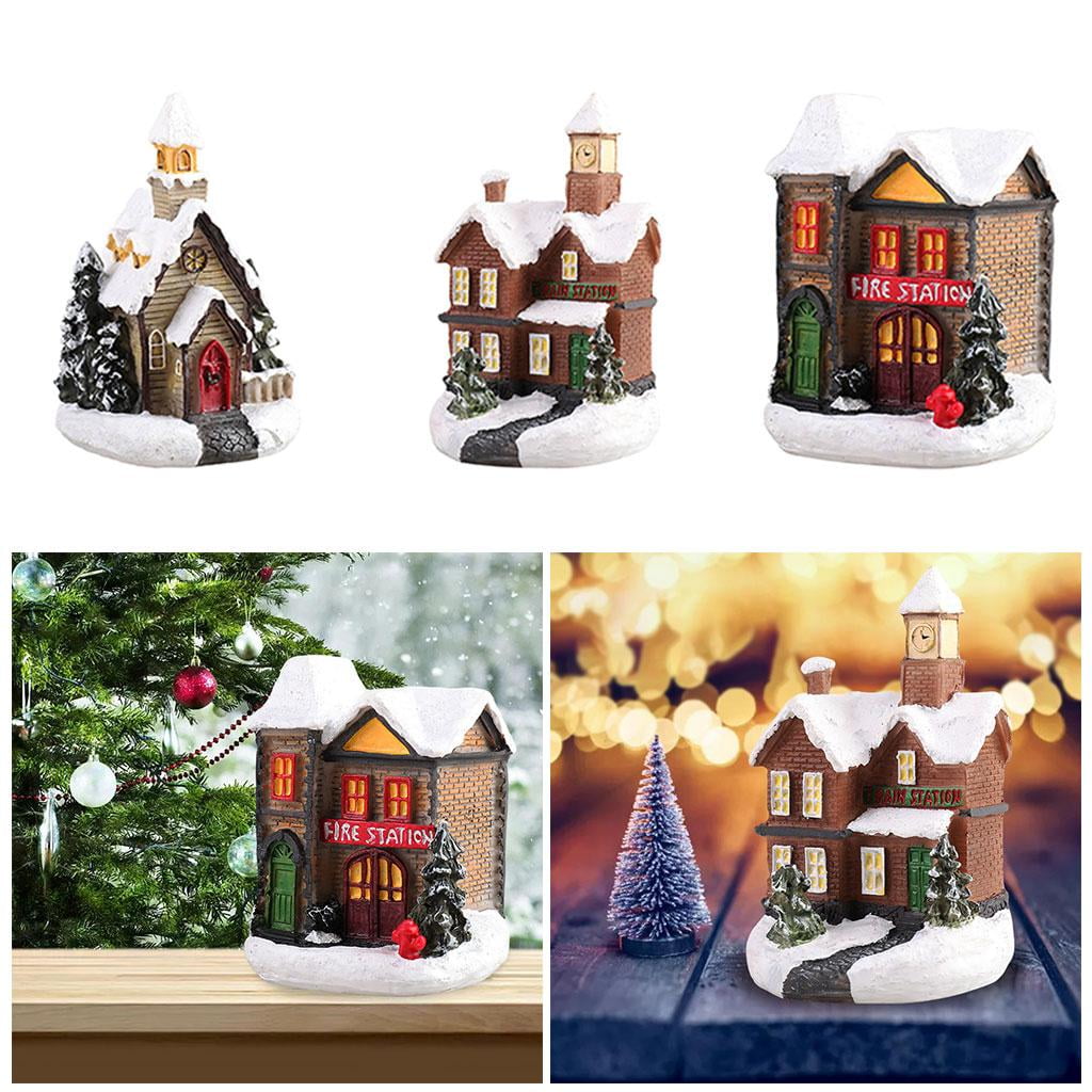 3-Piece Resin Mini Christmas Scene Houses, LED Warm Light, Vintage ...