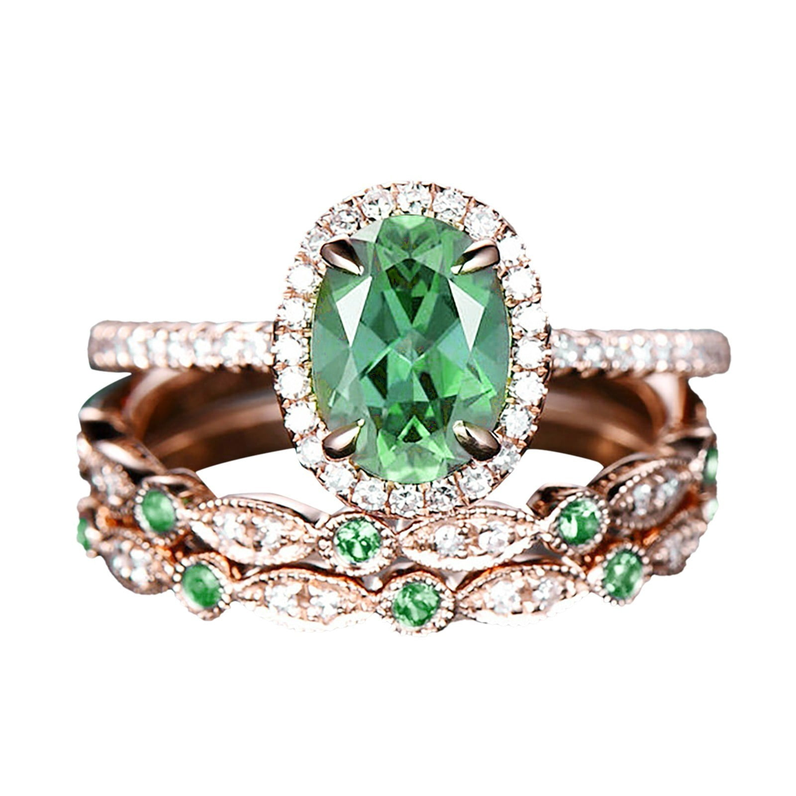 3pcs Vintage Unique Oval Cut Engagement Ring Rose Gold Ring Art Deco ...