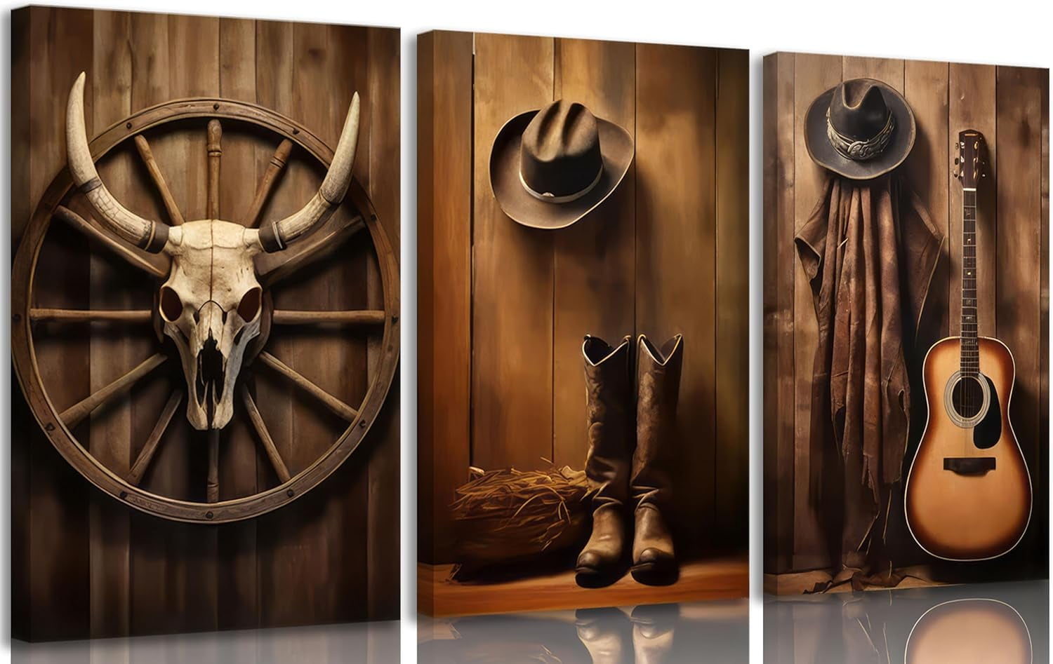 3pcs Vintage Western Cowboy Canvas Wall Art Cow Skull Cowboy Hat Boots ...