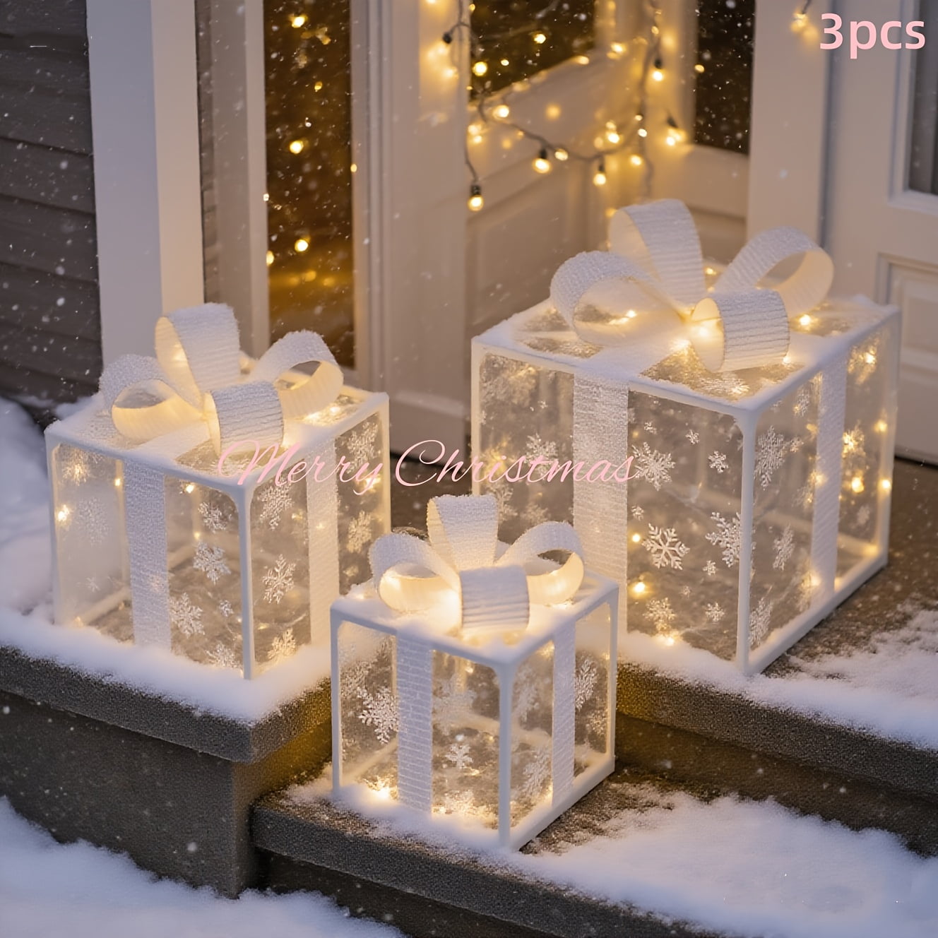 3pcs Warm LED Gift Box Set with Snowy Bows, Battery-Powered Indoor ...