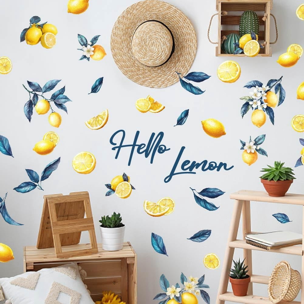 3pcs Watercolor Lemon Wall Sticker Blue Yellow Fruit Wall Decor Hello ...