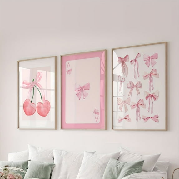 3pcs Watercolor Pink Bow Canvas Prints, Frameless Wall Art for Living ...