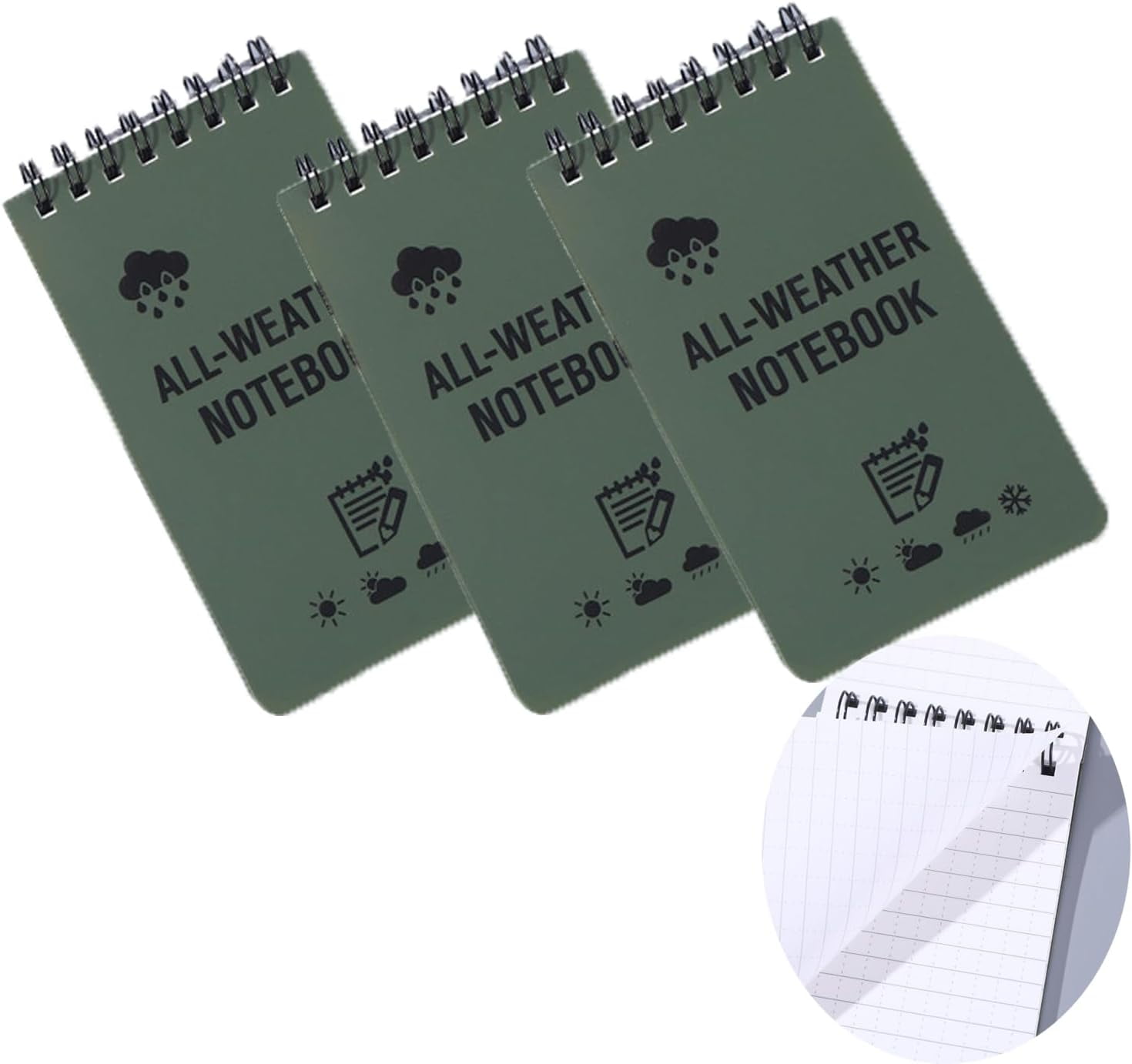 3pcs Waterproof Notebooks 3 x 5" Army Green Police Notepad Write in the ...