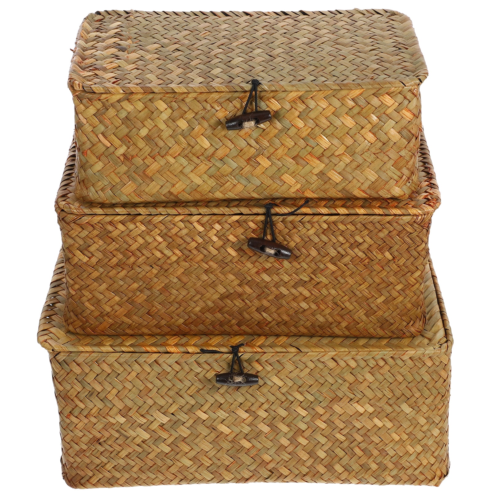 3pcs Wicker Baskets Rectangular Woven Storage Basket with Lid Home ...
