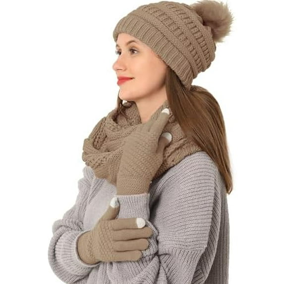 3pcs Winter Beanie Hat Scarf and Touch Screen Gloves Set for Women Knit ...
