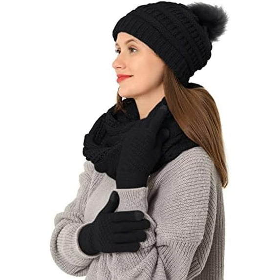 3pcs Winter Beanie Hat Scarf and Touch Screen Gloves Set for Women Knit ...