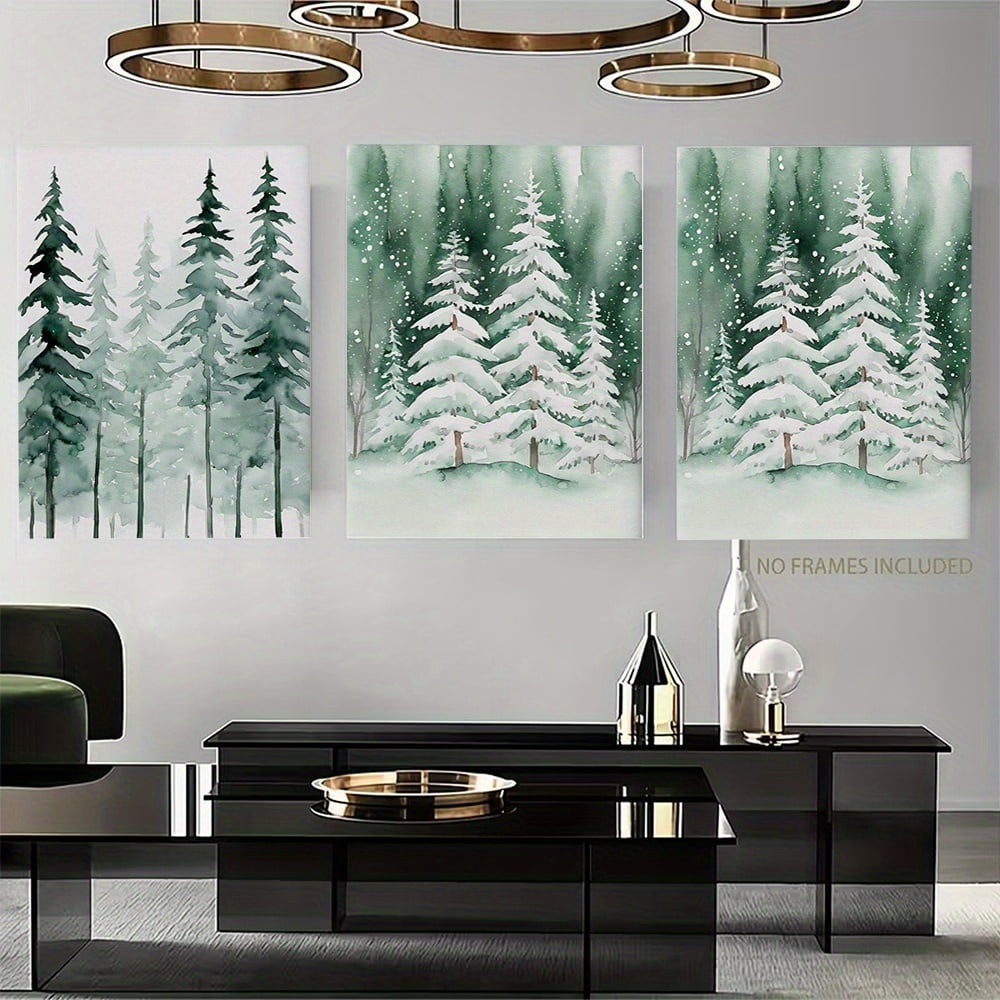 3pcs Winter Pine Tree Watercolor Art Prints - Frameless 2D Flat Wall ...